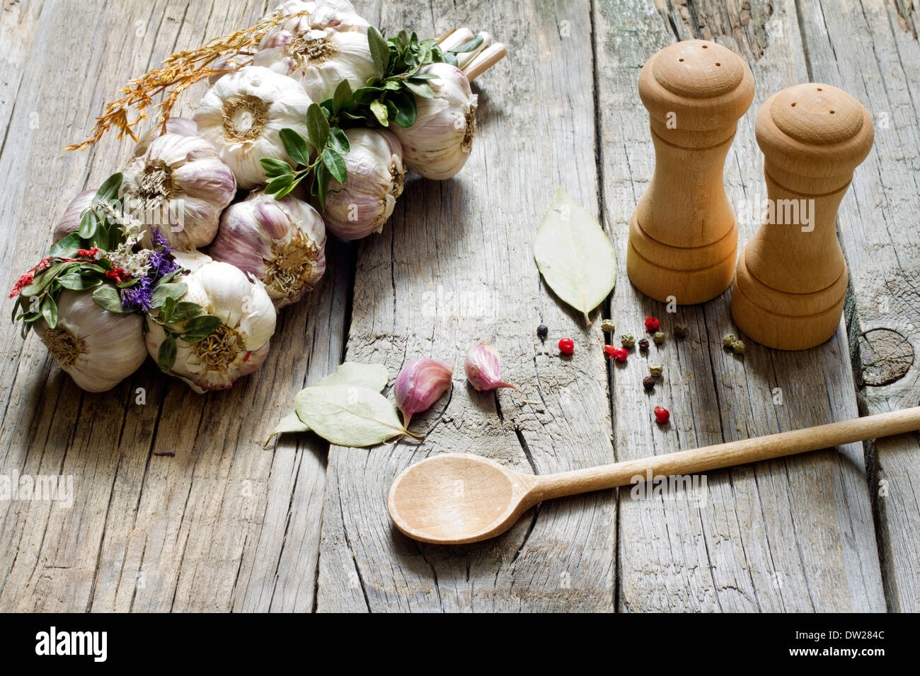 Organic garlic in the kitchen on the wooden table still life Stock ...
