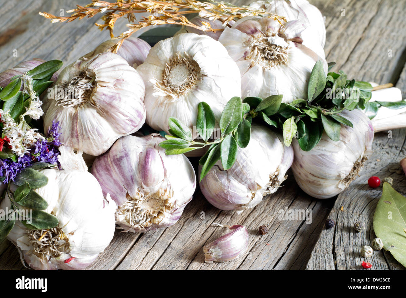 Organic garlic in the kitchen on the wooden table still life Stock ...