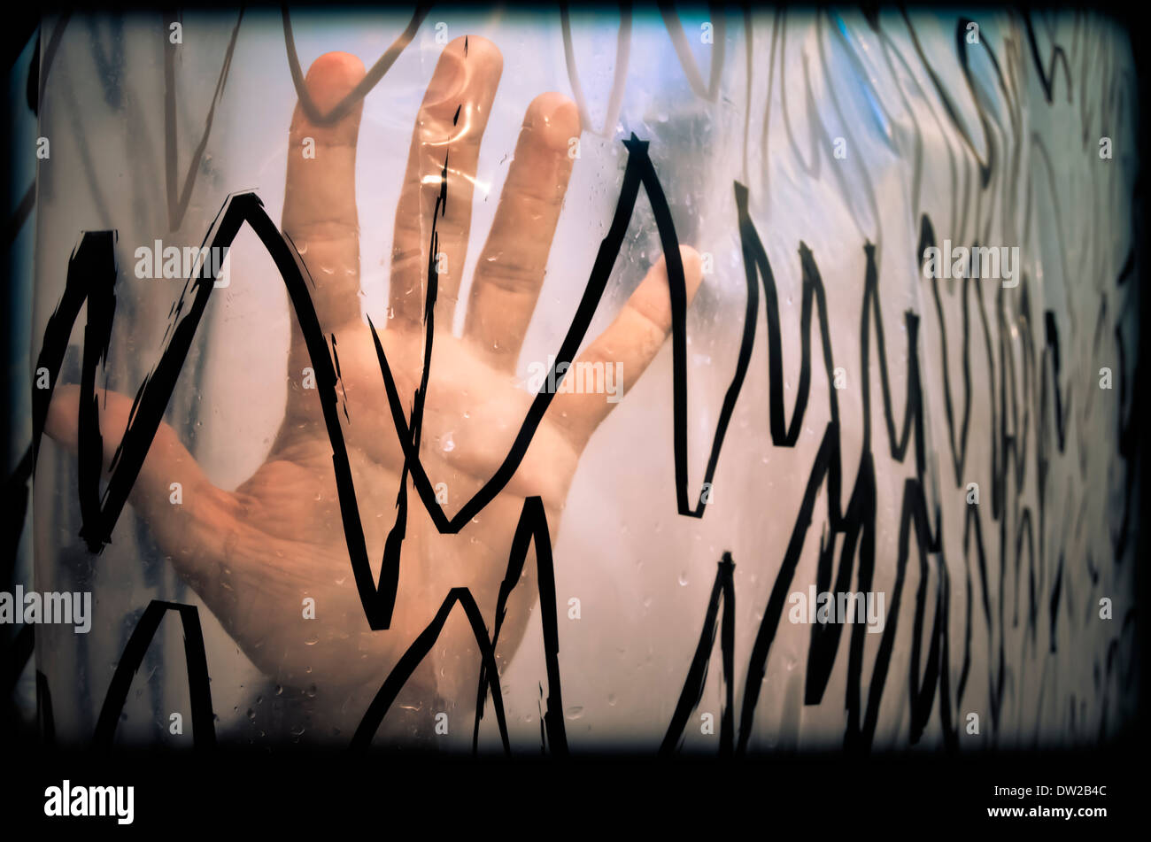 Hand behind a transparent curtain Stock Photo - Alamy