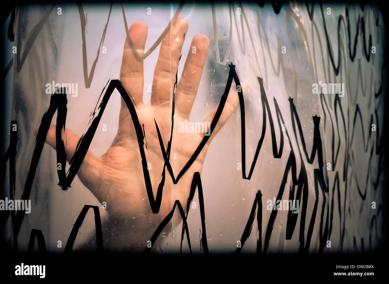 Hand behind a transparent curtain Stock Photo - Alamy
