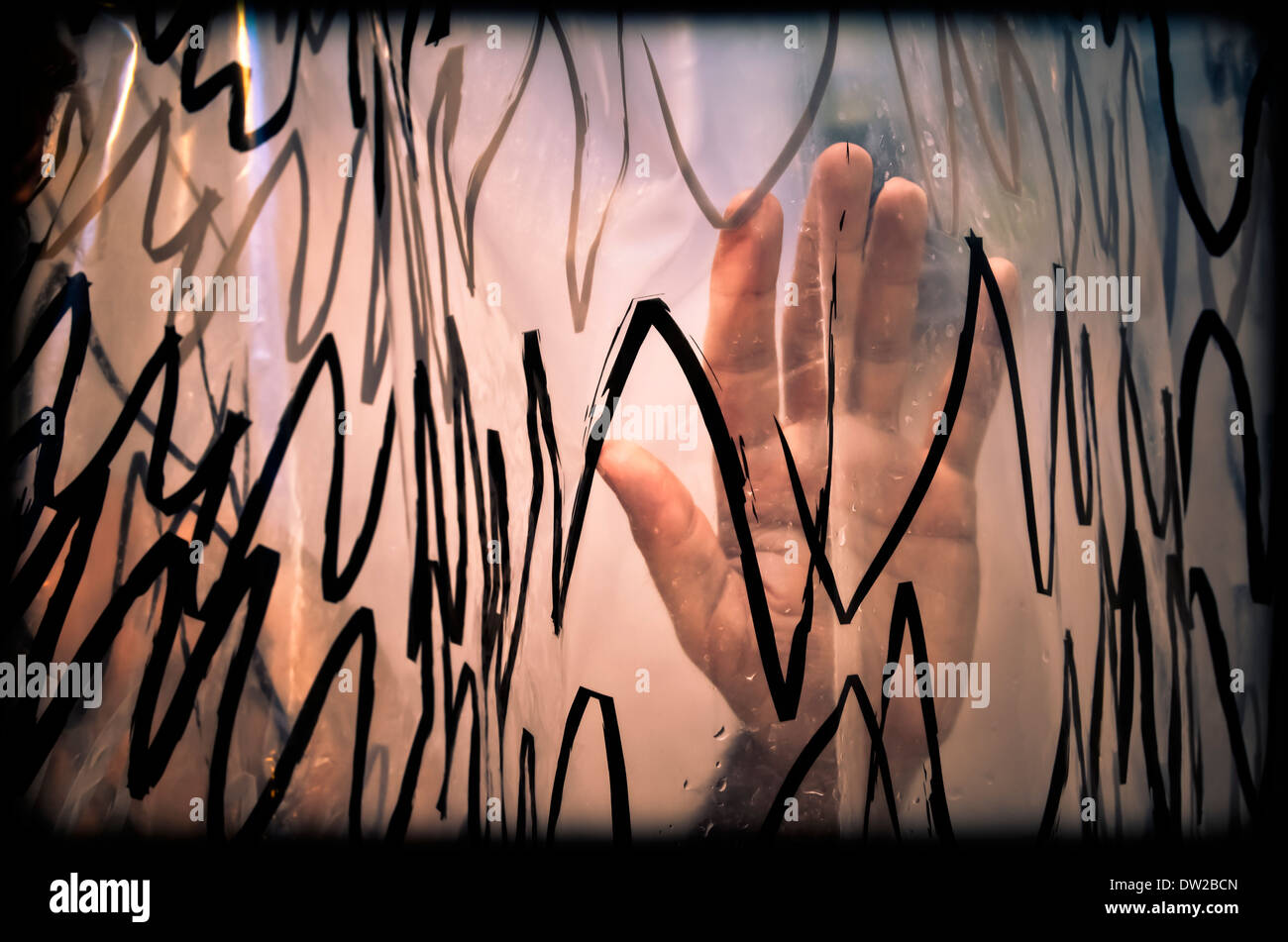 Hand behind a transparent curtain Stock Photo - Alamy