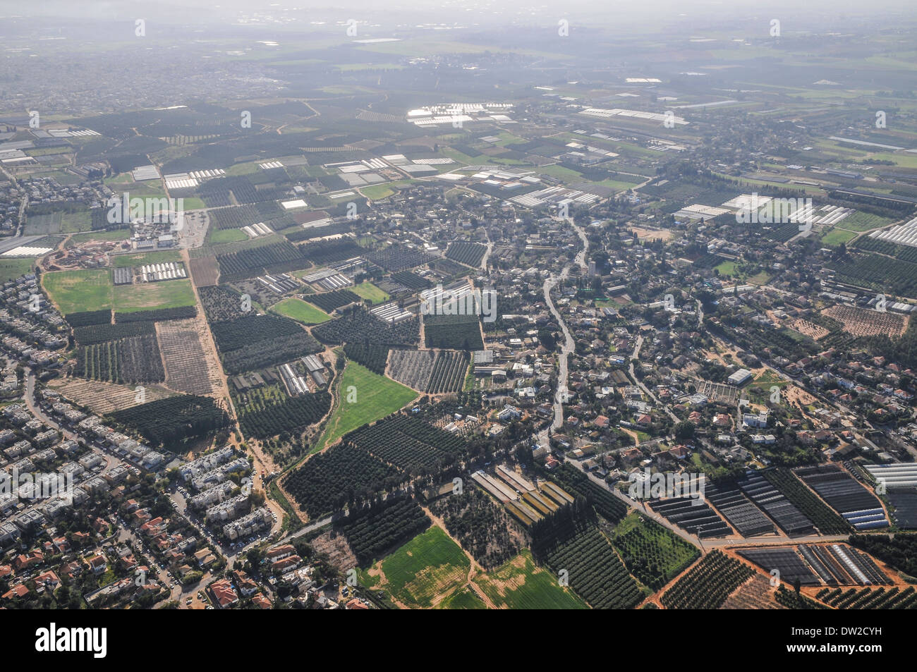 Aerial view of Sharon District, Israel from within a Cessna airplane ...