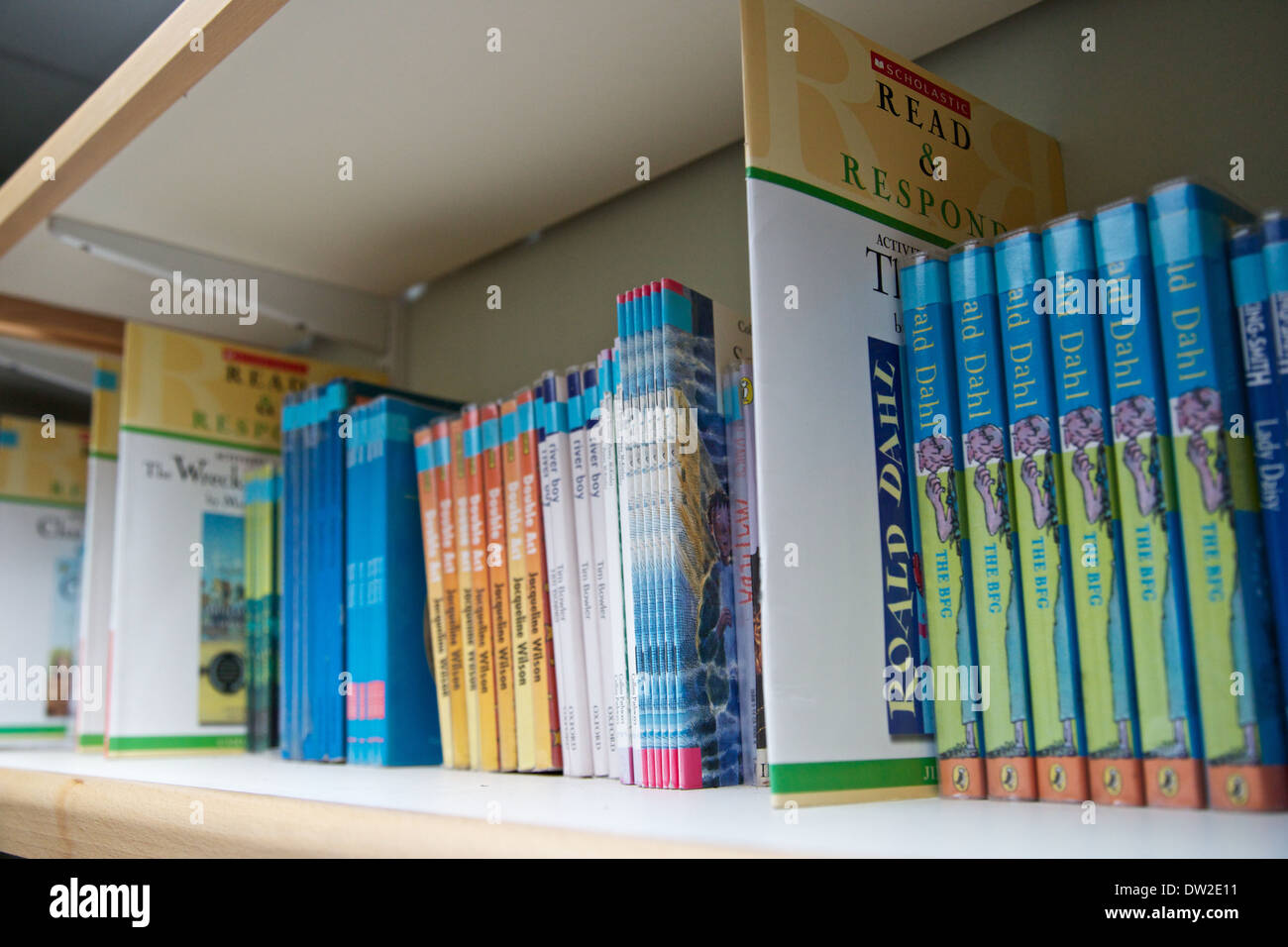 A line of school various text books on a shelf Stock Photo - Alamy