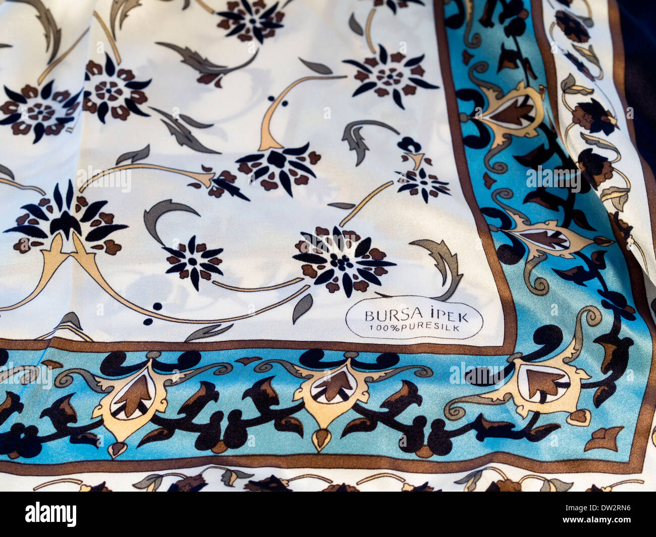 Close up of fine Turkish silk shawl with traditional floral geometrical ...
