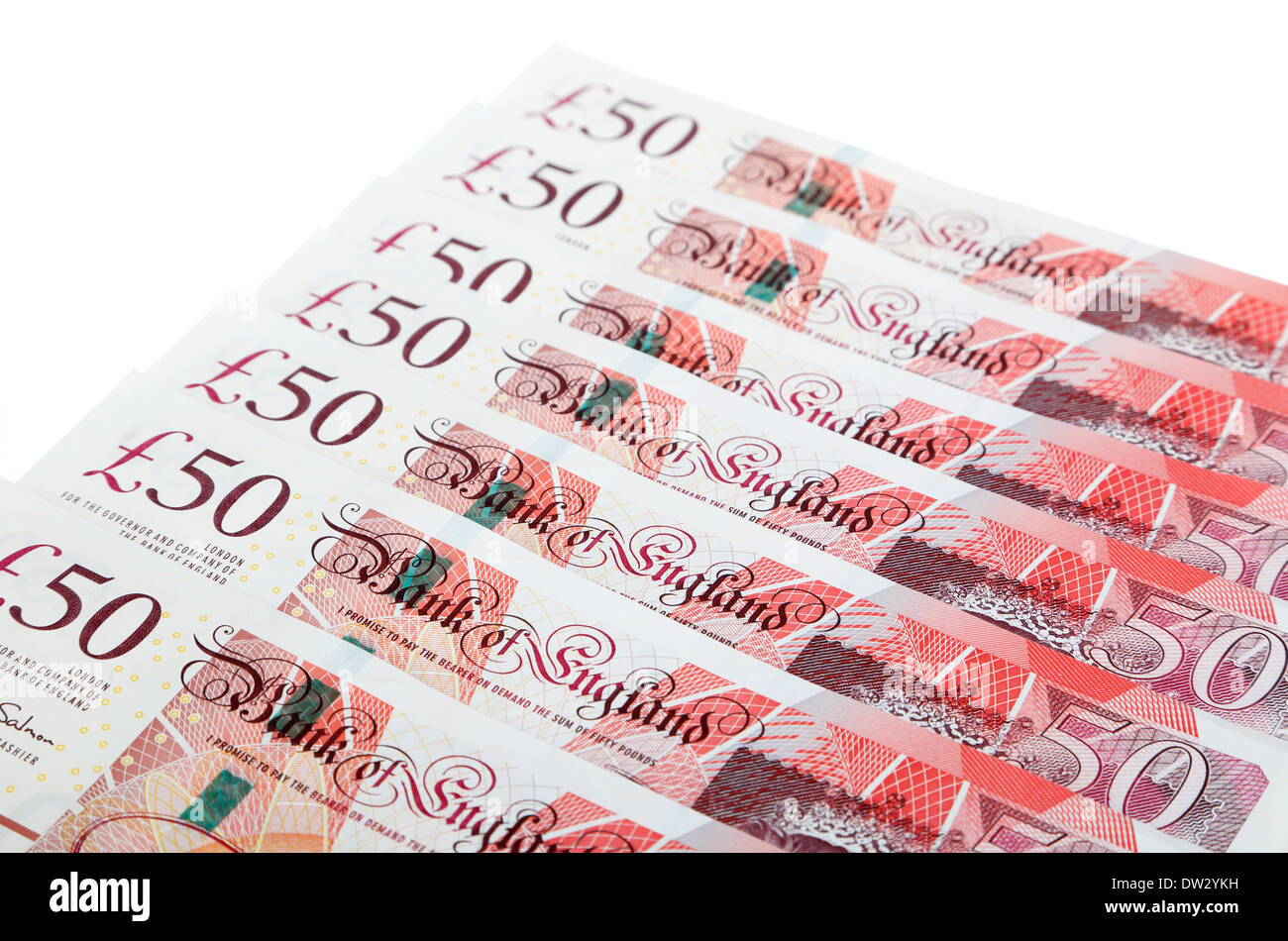 50 pond British bank notes on white background Stock Photo - Alamy