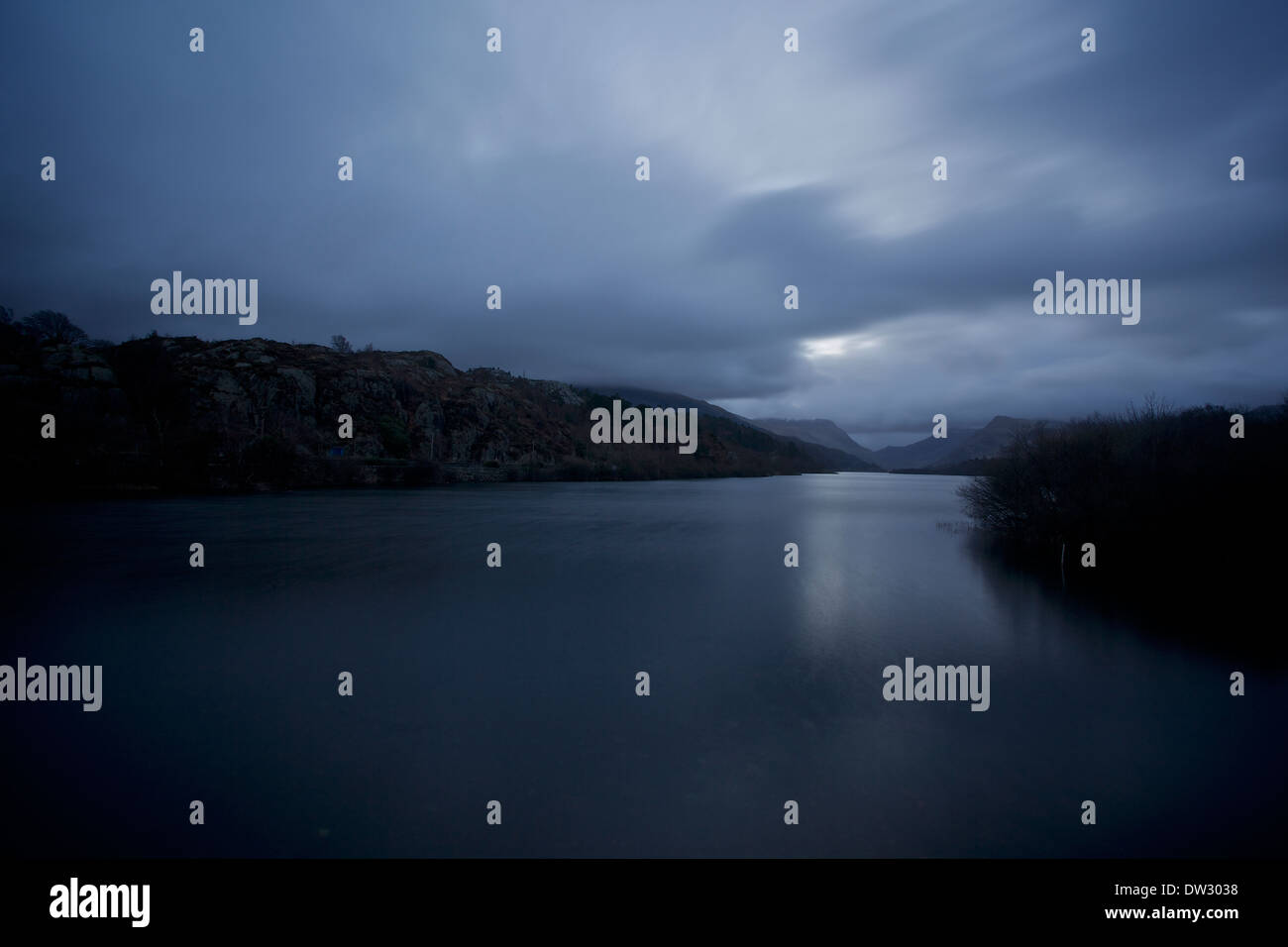 Llyn Padarn at dawn, glacially formed lake in Snowdonia, North Wales ...