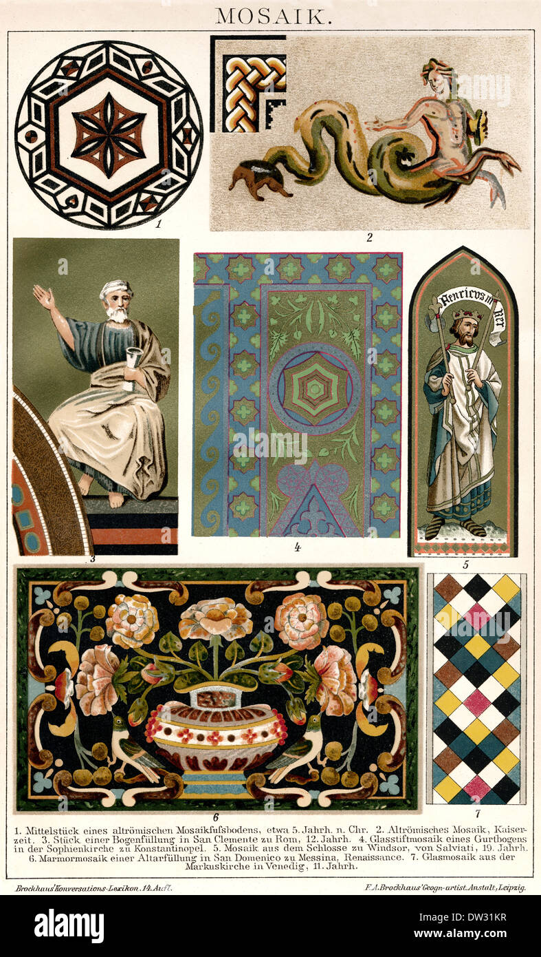 Different ancient mosaics, historical graphic representation, 1896 ...