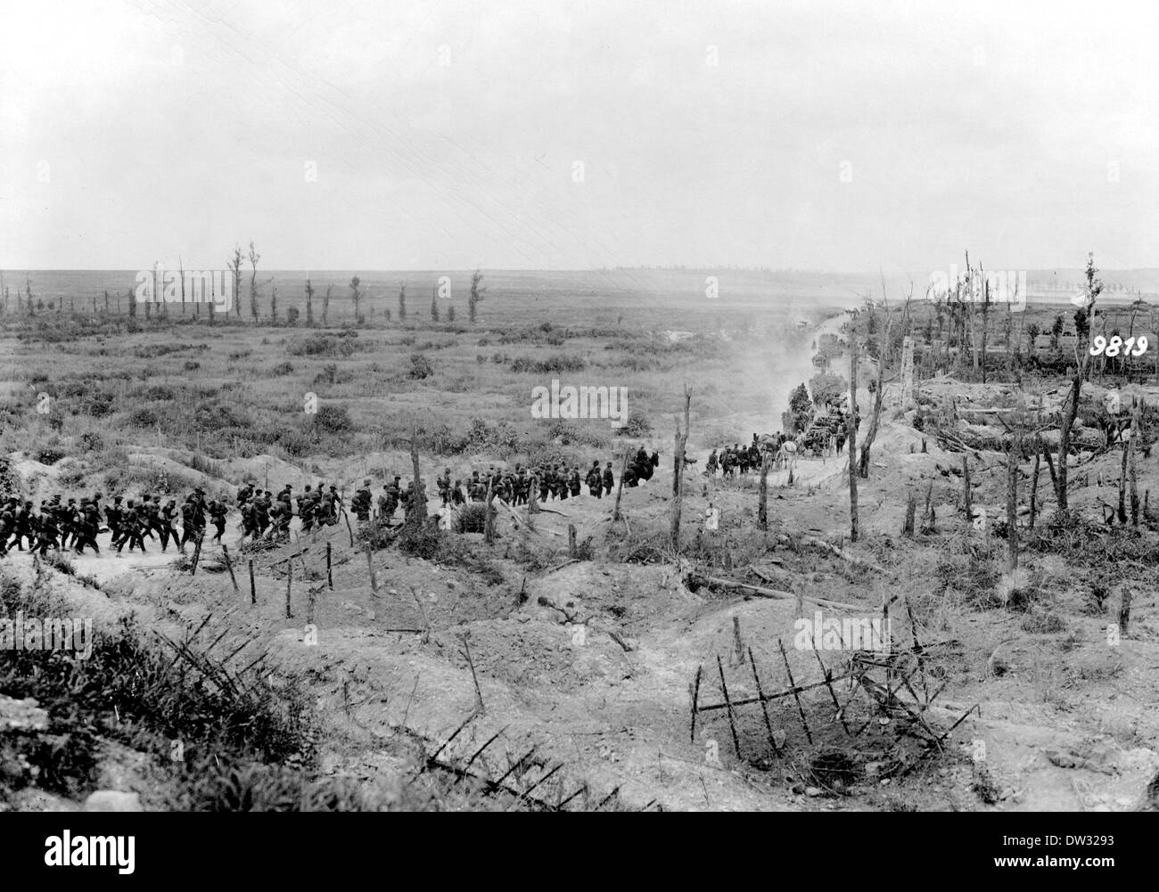 German infantry troups march through conquered enemy territory along ...
