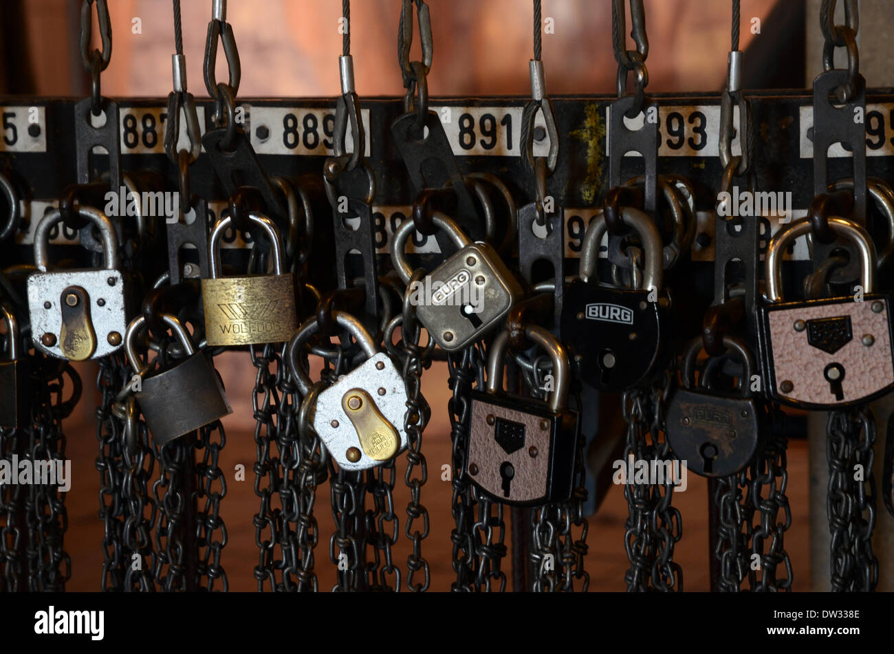 Numbered chains with locks, which were used to pull the miners' clothes ...