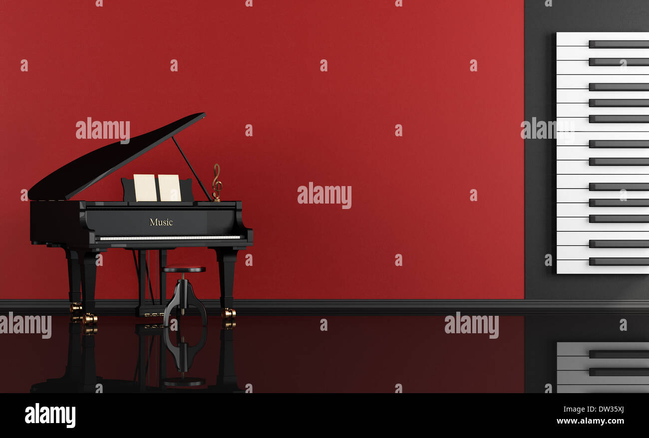 Black and red music room with grand piano - rendering Stock Photo - Alamy
