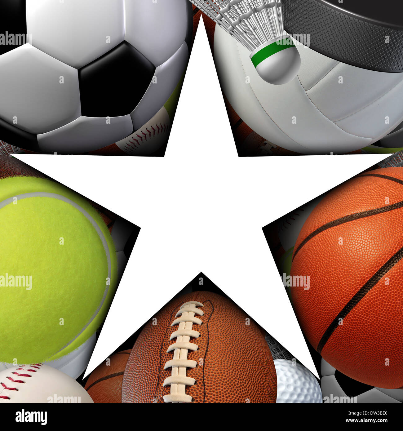 Sports star symbol with a group of sport balls equipment as an icon of ...