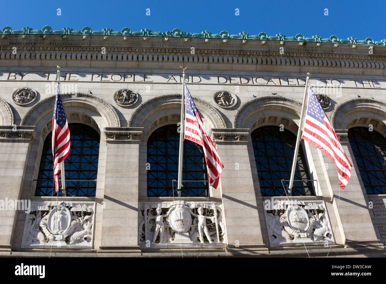 Flags on the facade of Boston, Public Library, Boston, Massachusetts ...