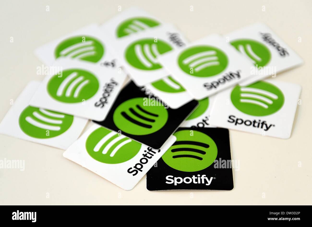 Stickers with the logo of the music streaming service Spotify in Berlin ...