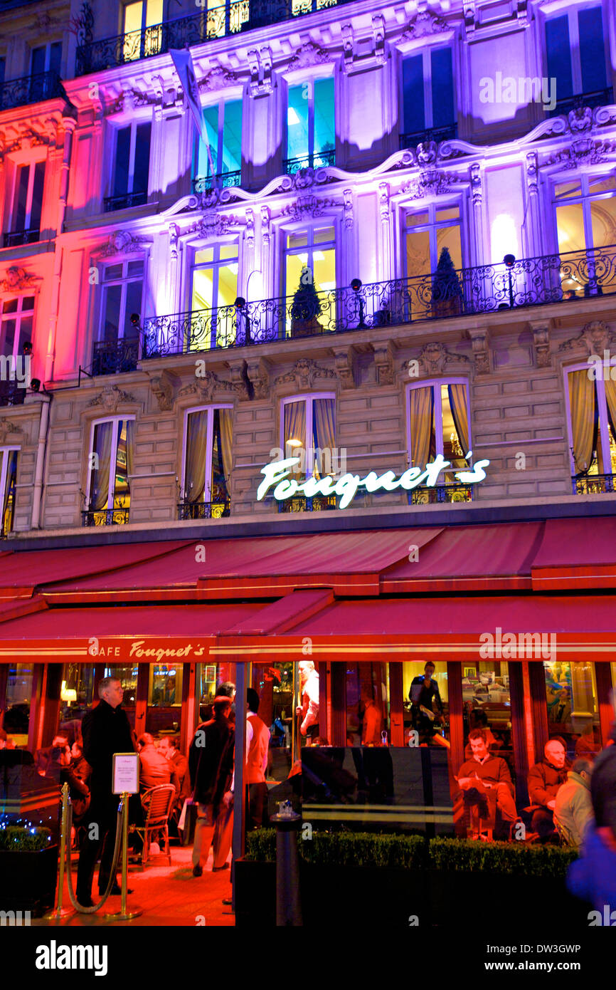 Fouquet's Restaurant At Dusk, Avenue des Champs-Elysees, Paris, France ...