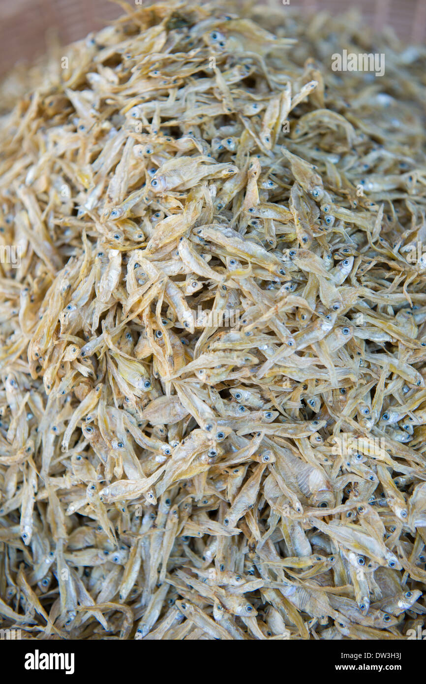 Dried fish for sale at a roadside stall near a tributary of the Nam ...