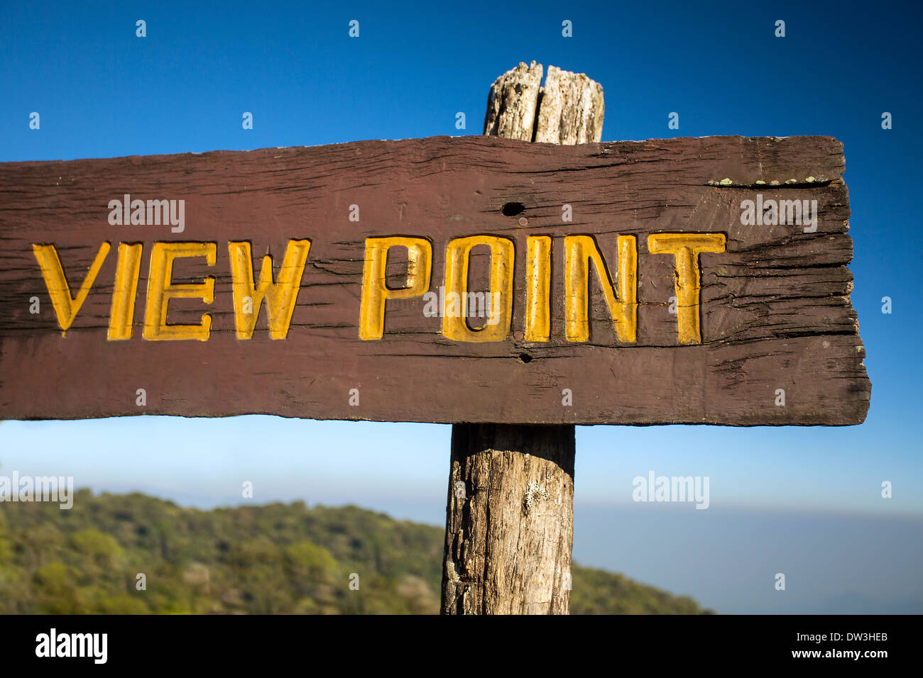 Old wooden viewpoint sign on a tourist trail Stock Photo - Alamy