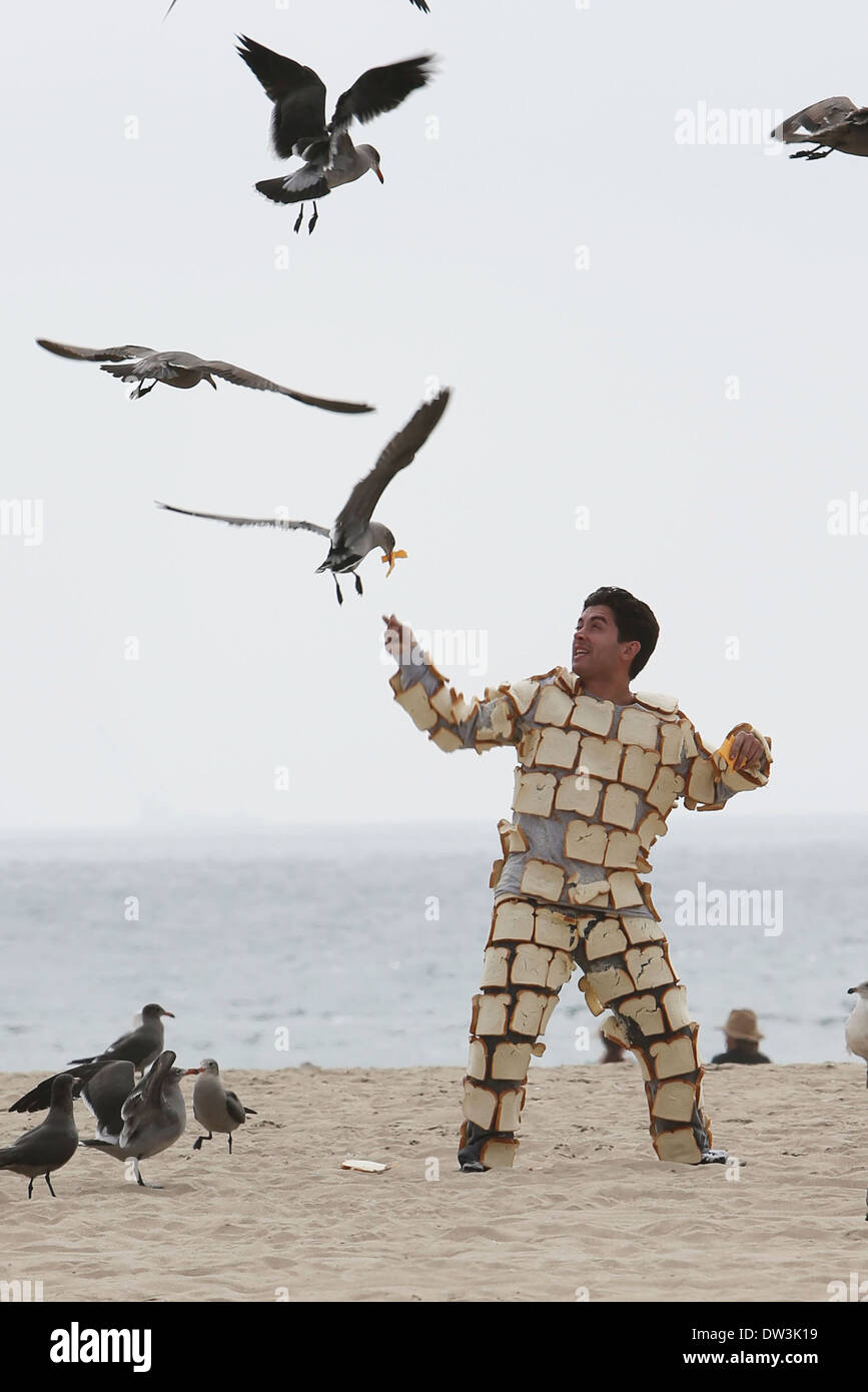 A man wears a suit made from bread in a bid to attract flocks of ...