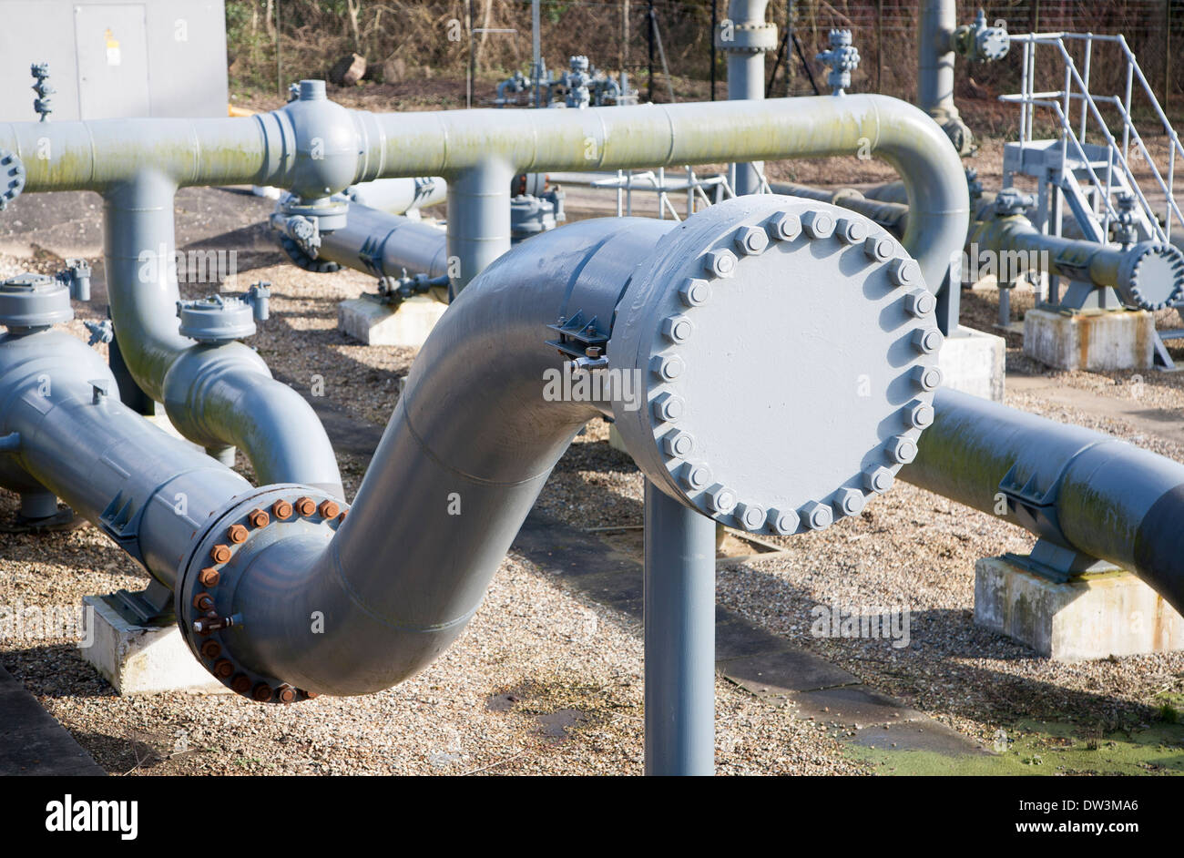 Metal pipes at National Grid gas facility at Langham, Essex, England ...