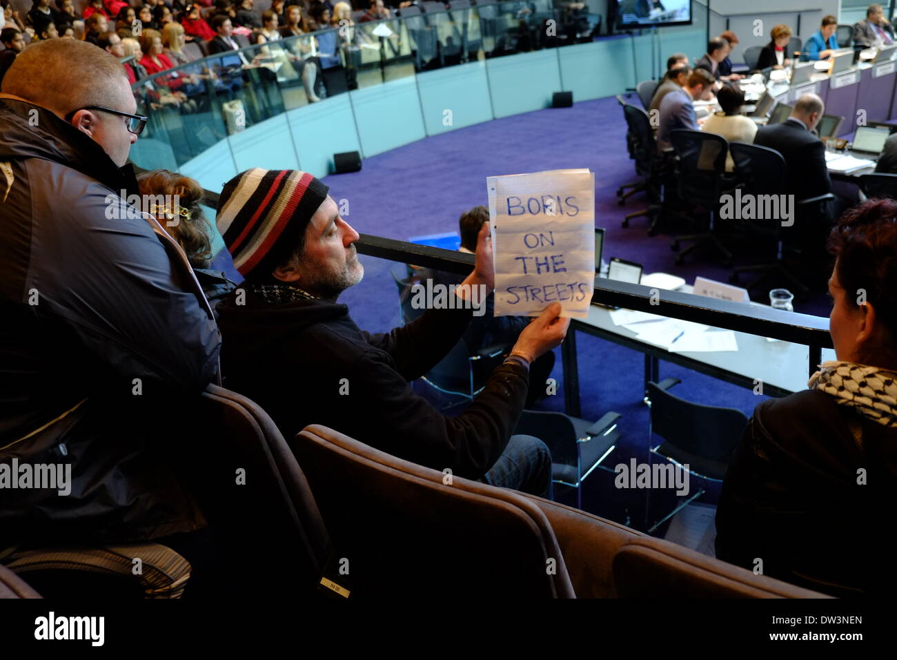 London, UK. 26th Feb, 2014. Protest at City Hall against plans to make ...