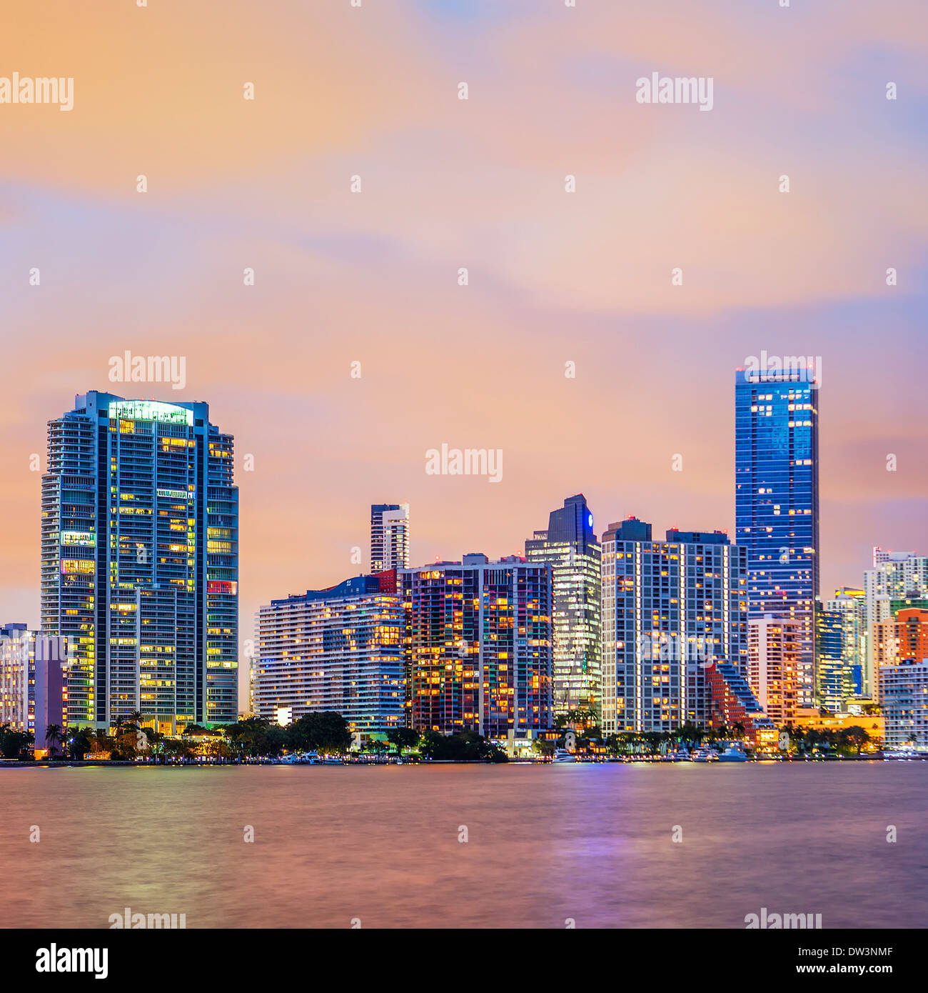 Miami Florida, summer sunset with colorful illuminated business and ...