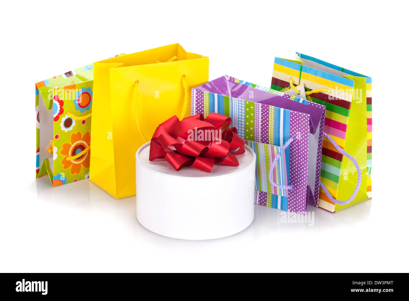 Colored gift bags and box. Isolated on white background Stock Photo - Alamy