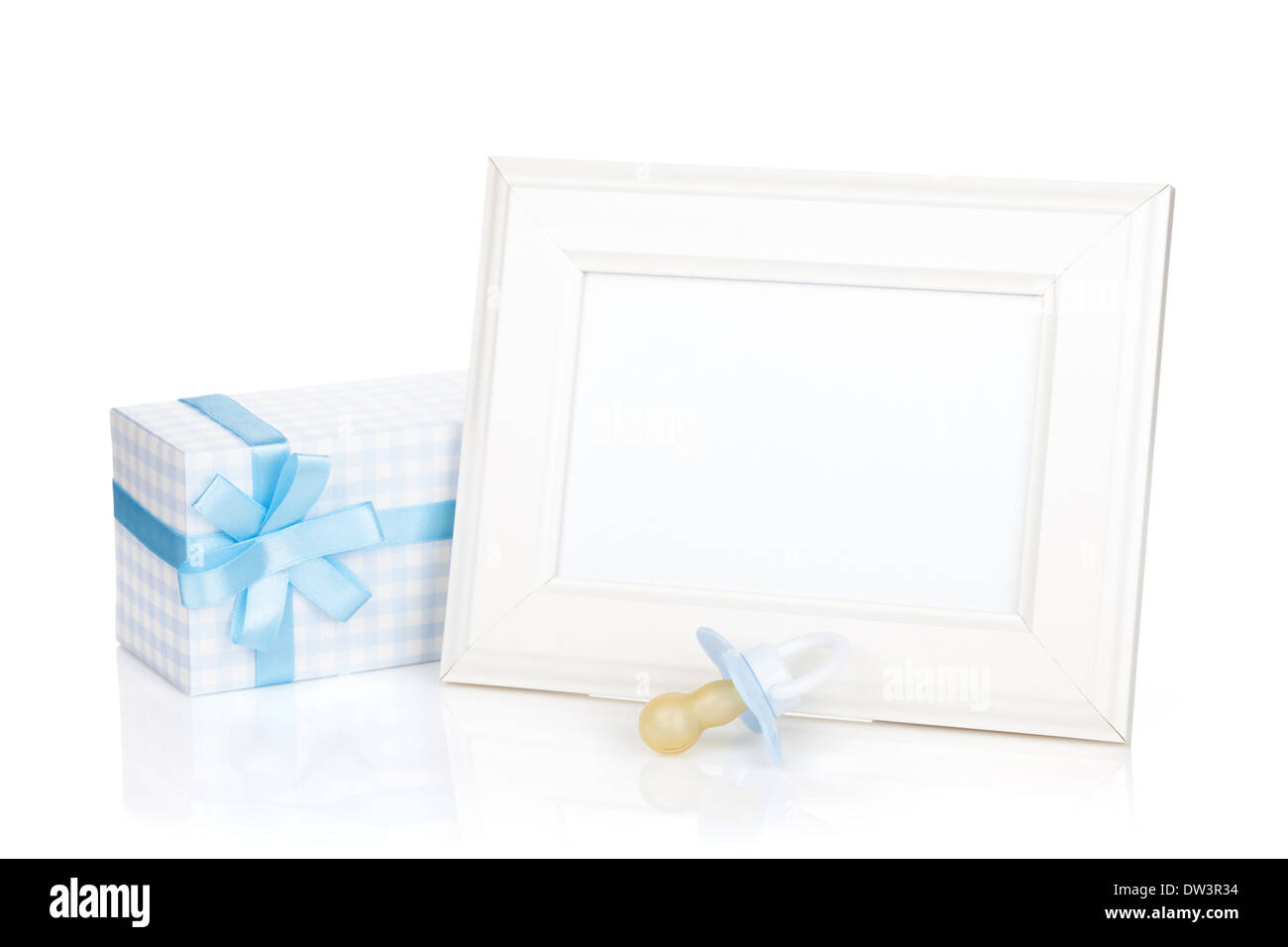 Photo frame with gift box and boy dummy. Isolated on white background ...