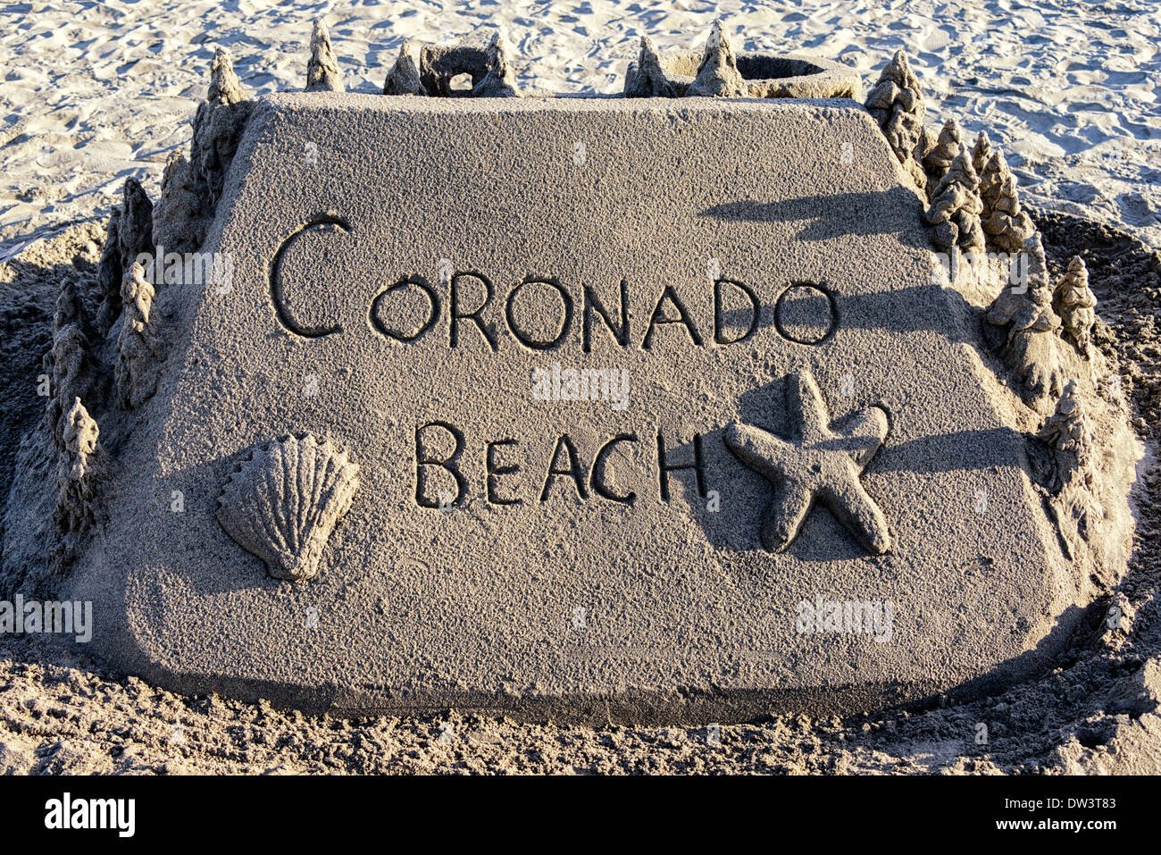 Coronado Beach sign on a sandcastle. Coronado, California, United ...