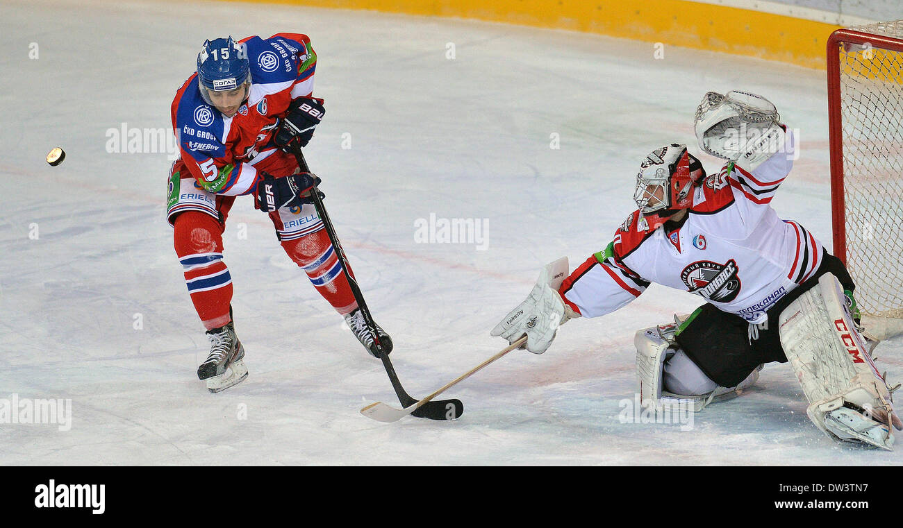 Jan Laco, goalkeeper of Donbass, right, and Justin Azevedo of Lev Praha ...