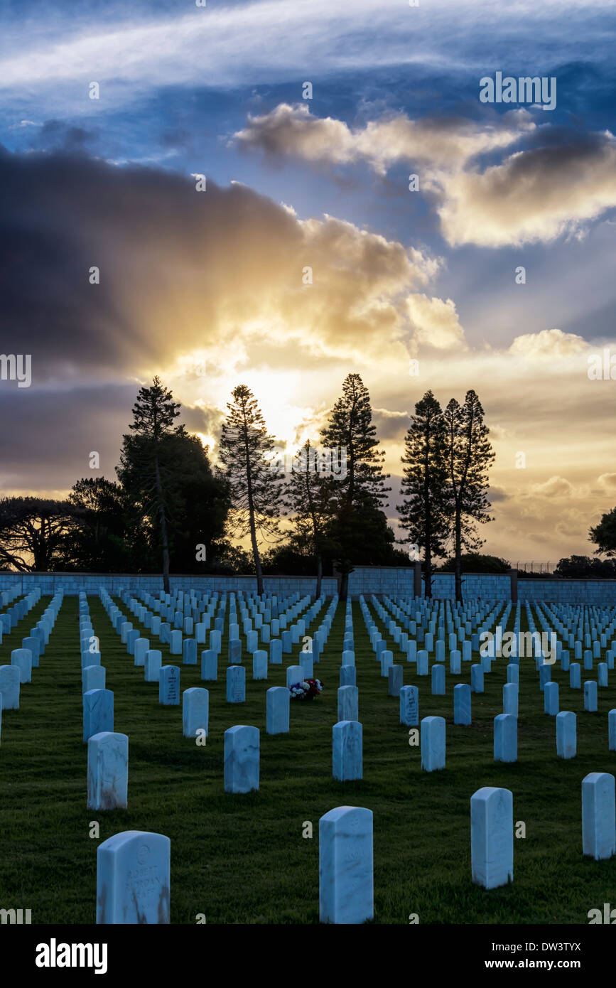 Sun rising over pine trees at the Fort Rosecrans National Cemetery. San ...