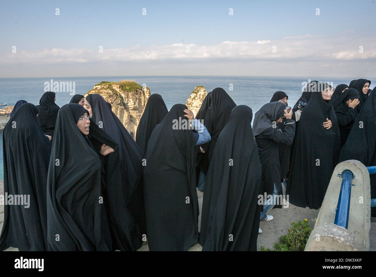 Iranian women wearing chadors at Pigeon Rocks in Raouché, Lebanon, the ...