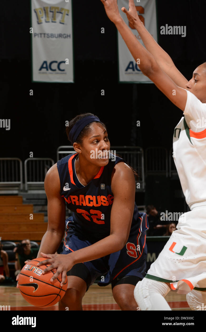 Coral Gables, FL, USA. 20th Feb, 2014. Tiara Butler #32 of Syracuse in ...