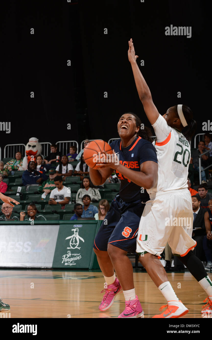 Coral Gables, FL, USA. 20th Feb, 2014. Shakeya Leary #34 of Syracuse ...