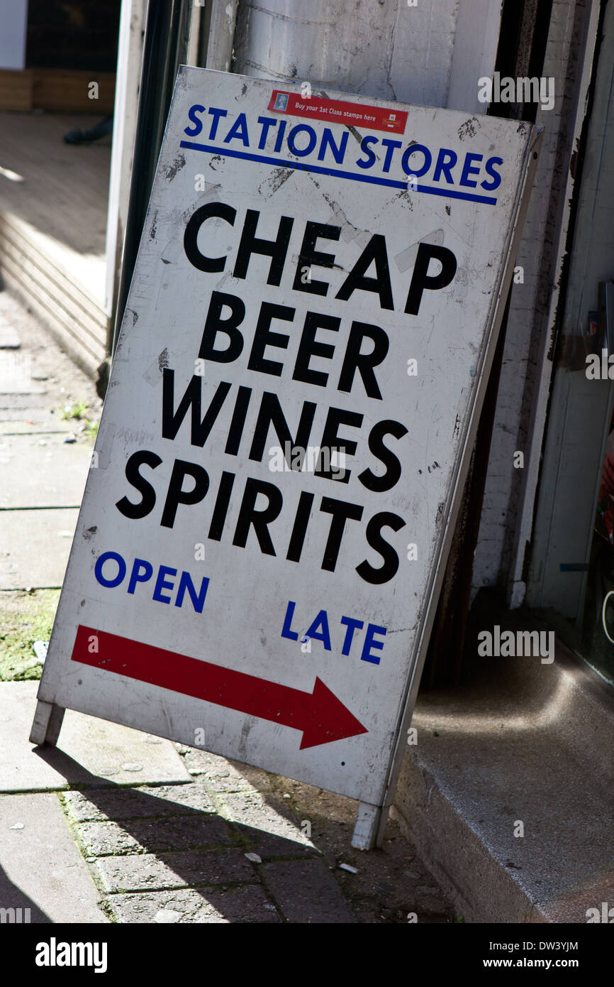 Sandwich board sign on a pavement advertising cheap alcohol Stock Photo ...