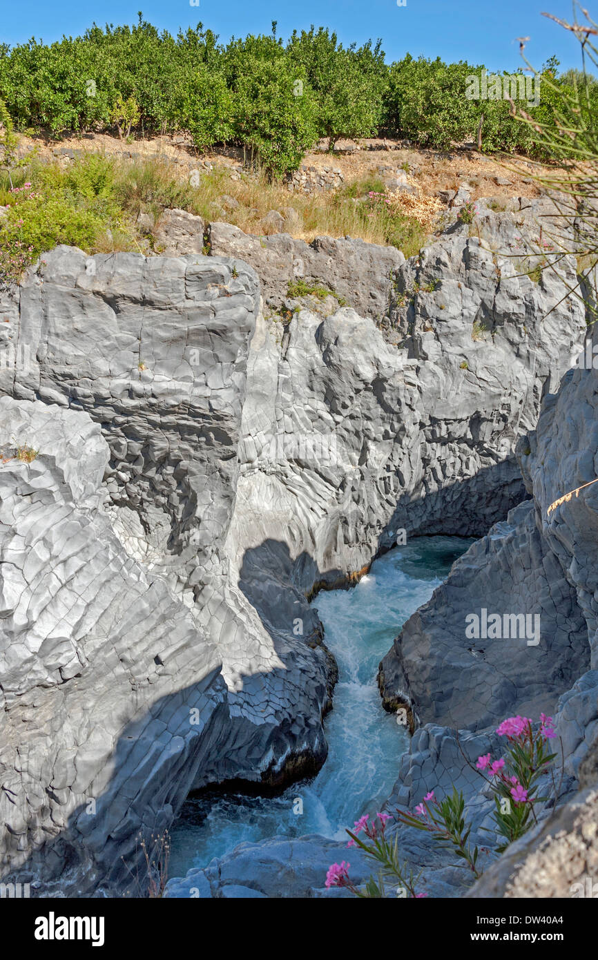 The Alcantara River Gorge, near Mount Etna located in the Alcantara ...