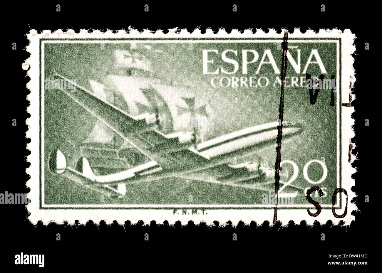 Postage stamp from Spain depicting a jet airplane and a Spanish galleon ...