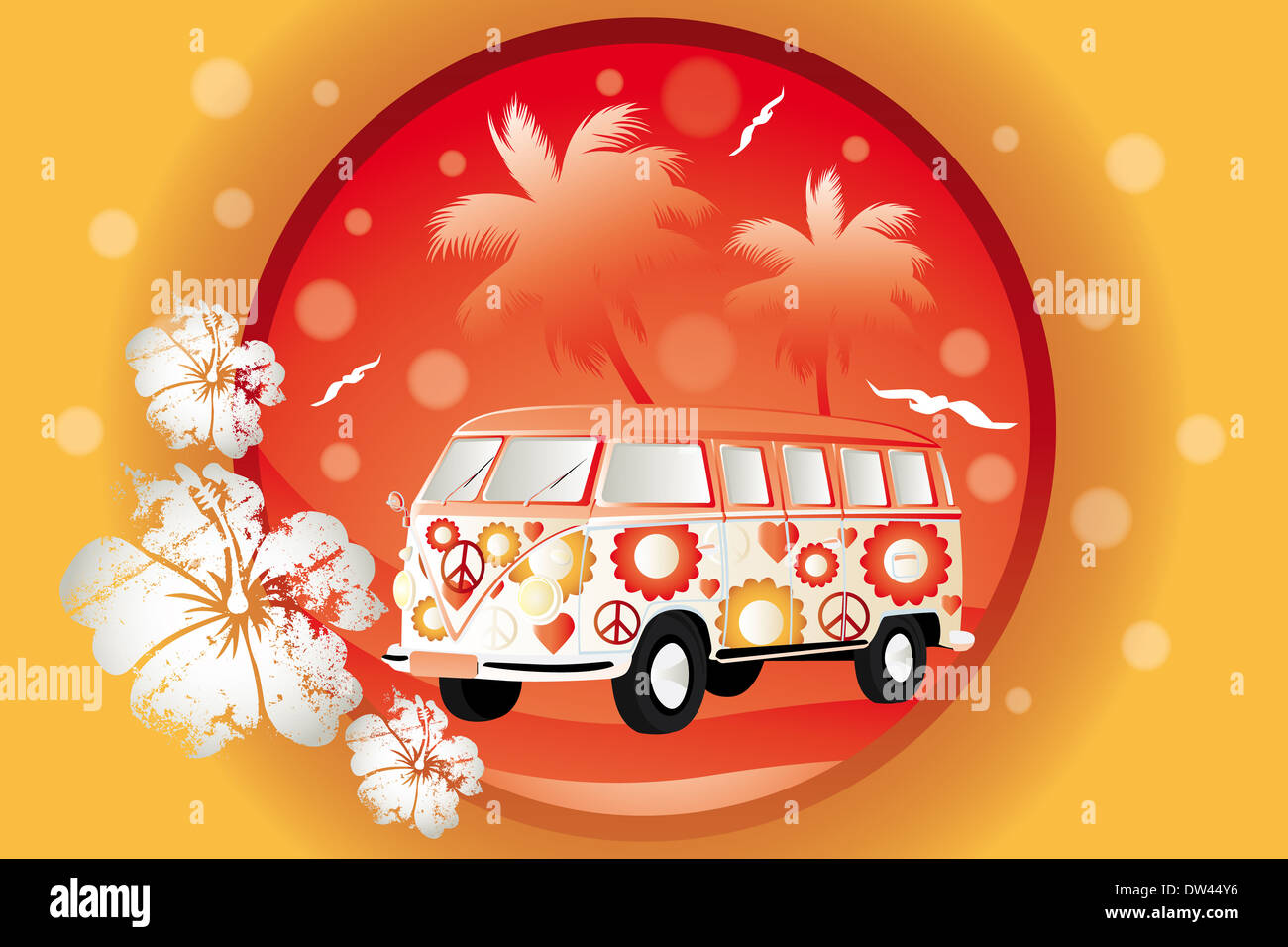 Retro bus with floral patterns on orange background with palm trees ...