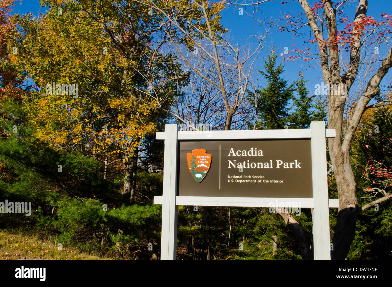 Bar Harbor Maine Sign for Acadia National Park in fall colors leaf ...