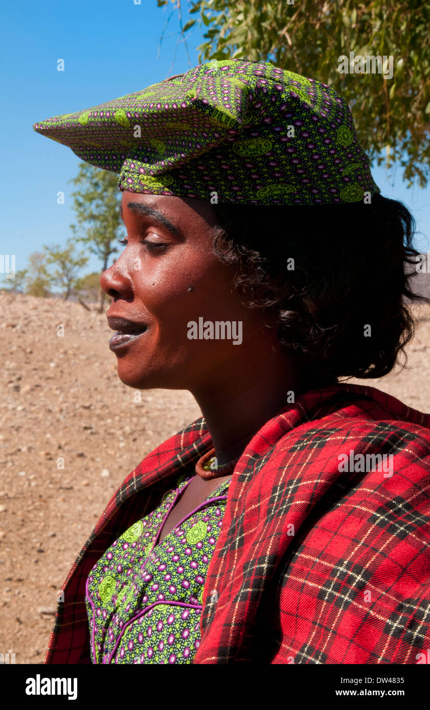 Namibia Africa Northern Desert colorful Herero tribe woman in plaid ...