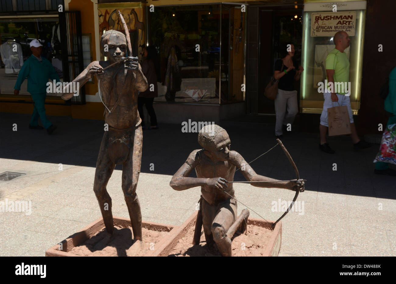 Namibia Africa Windhoek Statue of Bush People by shops on Independence ...