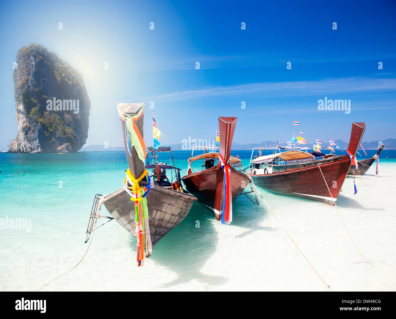 Thailand ocean landscape. Exotic beach view and traditional ship on Ko ...