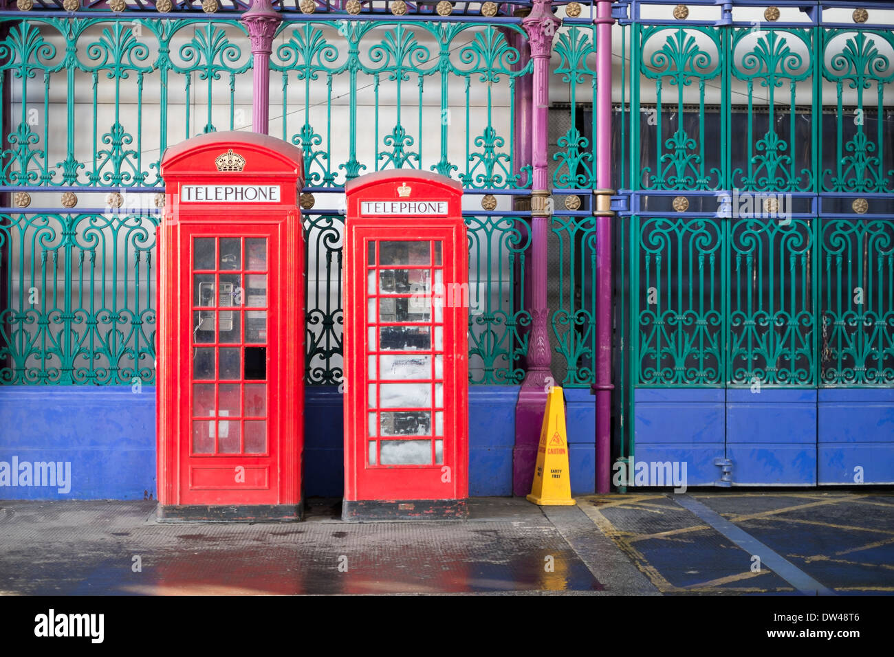Old red telephone booth in Smithfield meat market in London, UK Stock ...