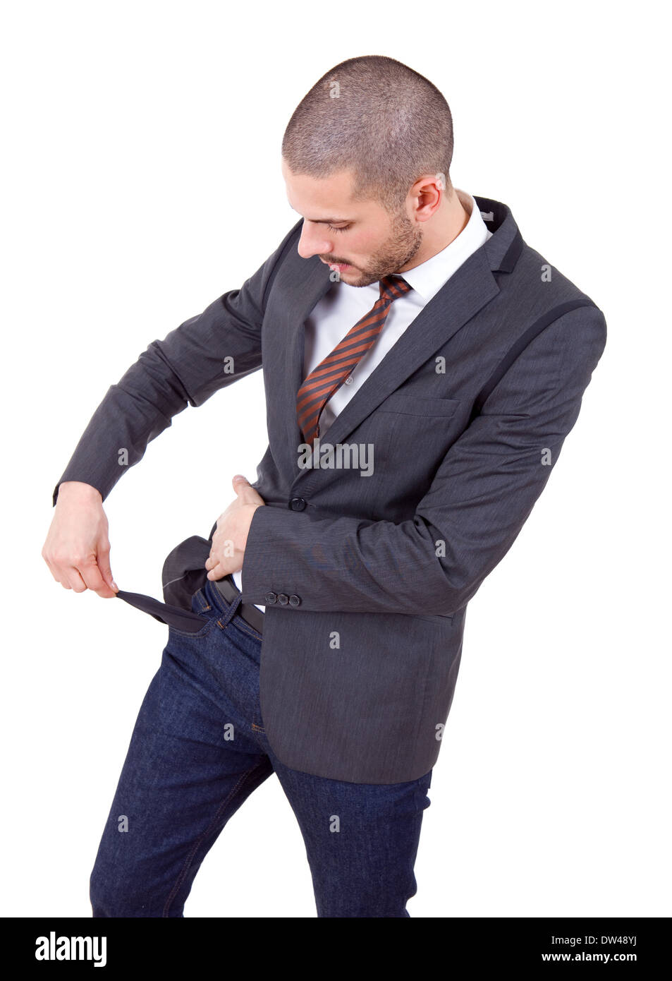 business man showing his empty pocket, isolated Stock Photo - Alamy