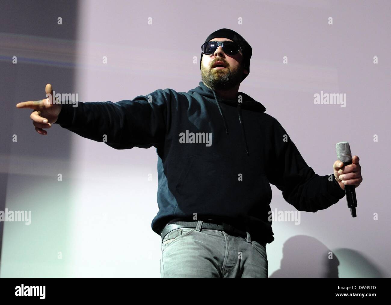 Berlin, Germany. 26th Feb, 2014. German rapper Sido performs on stage ...