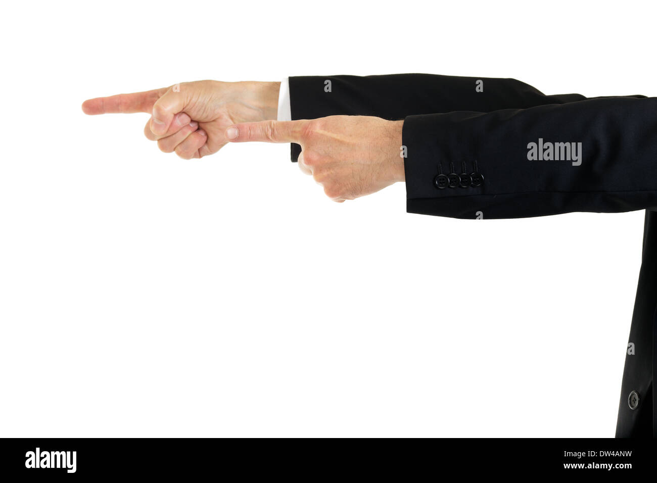 Businessman in a suit pointing to the left with both hands isolated on ...