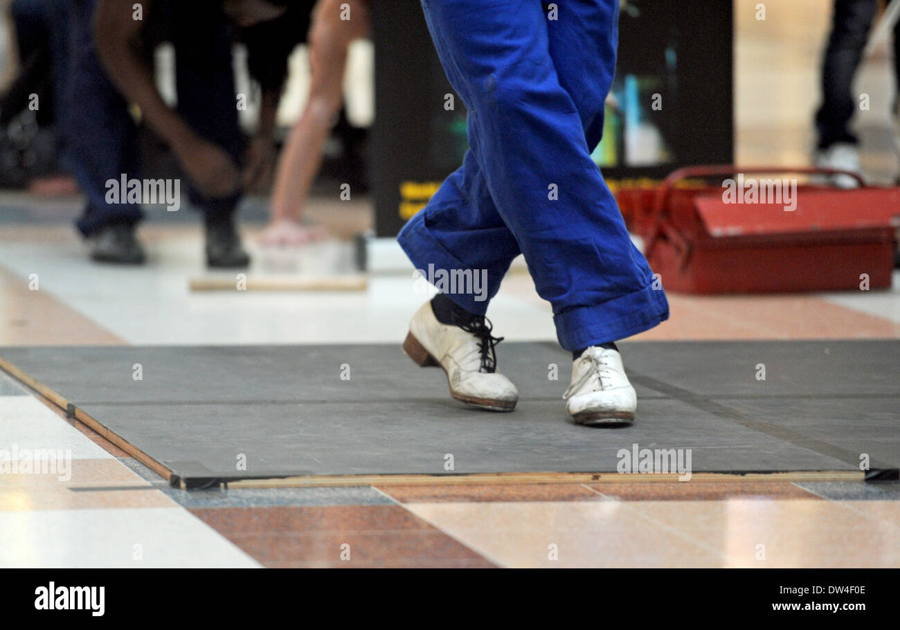 Tap dancer dancing feet at a performance in the County Mall Crawley UK ...