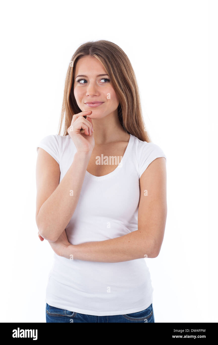 Portrait of a beautiful woman thinking and looking, isolated on white ...