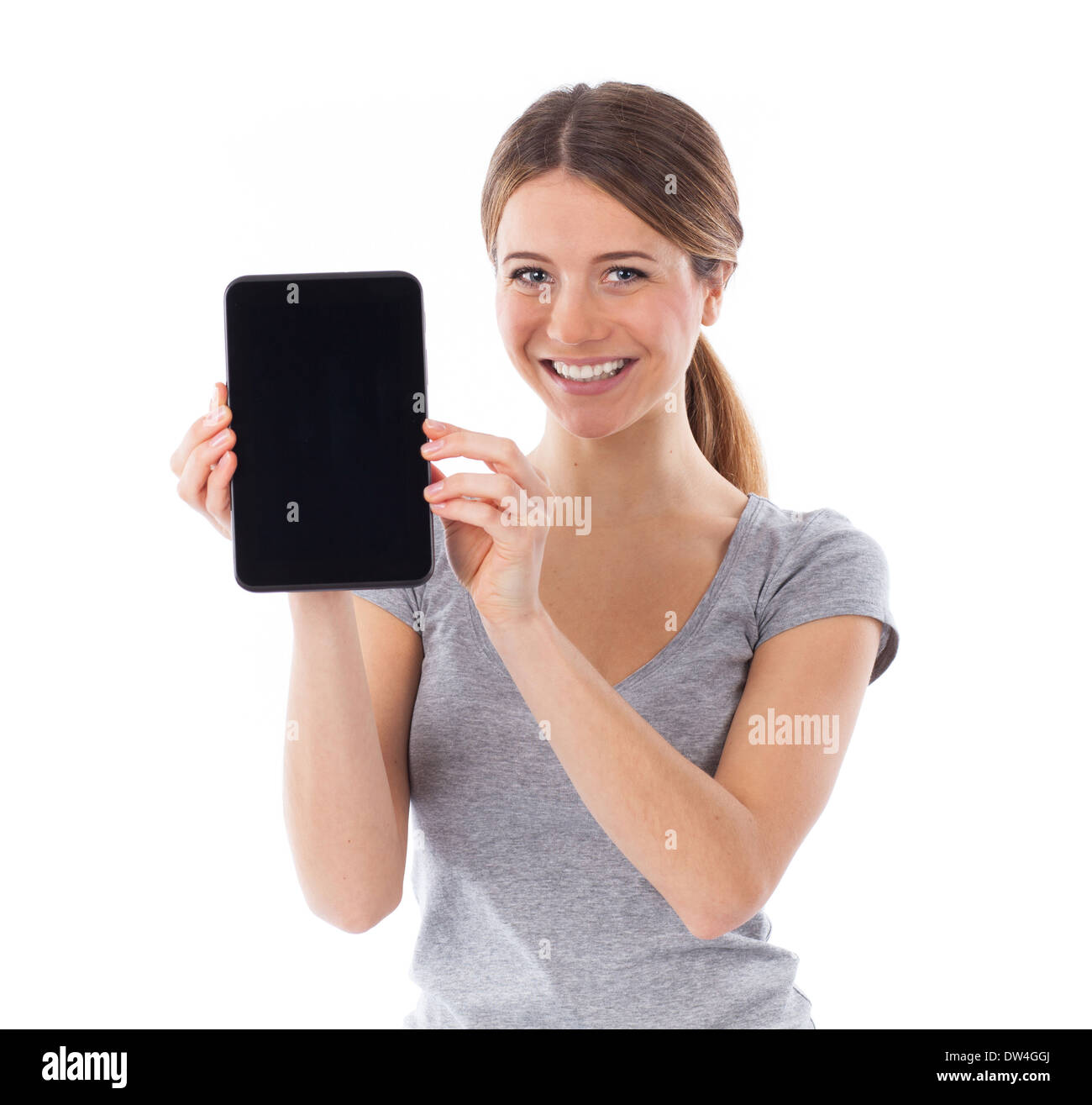 Young woman presenting a touchpad, communication concept Stock Photo ...
