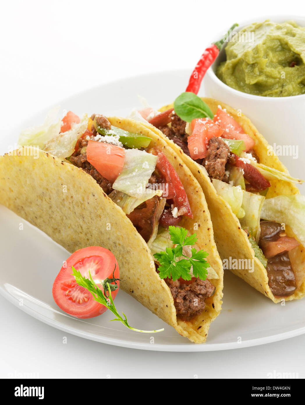 Beef Tacos In A White Plate Stock Photo - Alamy