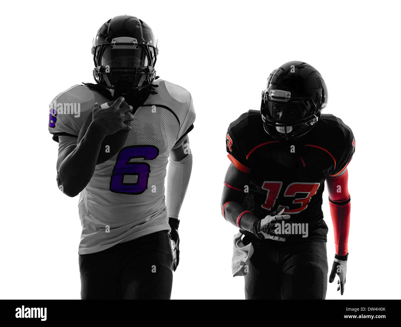 two american football players running in silhouette shadow on white ...