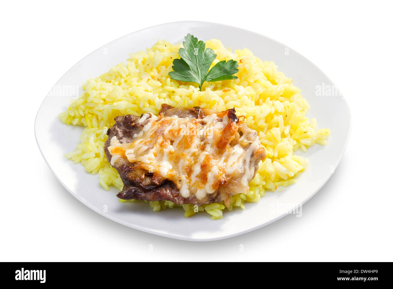 Fried pork fillet and white rice Stock Photo - Alamy
